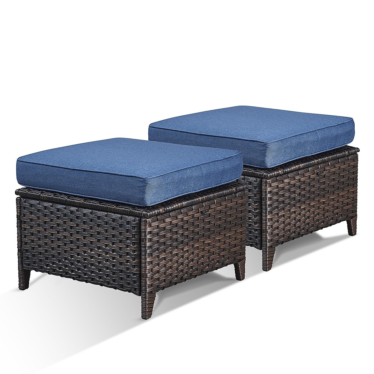 Bellefurn Patio Ottomans Set of 2 Outdoor Ottomans Wicker Foot Stools 2 Piece Footrest PE Rattan Ottomans with Thickened Cushions for Patio Garden Porch Balcony Poolside Deck, Brown|Blue