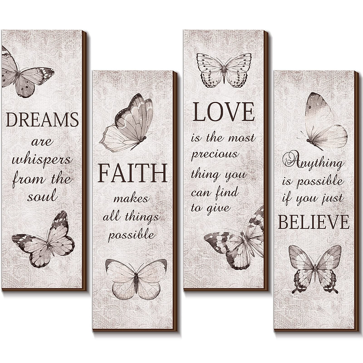 Qunclay 4 Pcs Butterfly Inspirational Quote Wooden Sign Love Faith Believe Dream Wall Decor Wood Flower Room Rustic Encouragement Signs for Home Decor Wall Bathroom(11 x 4 Inch)