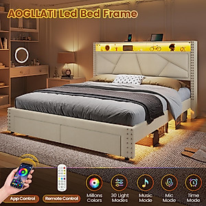 AOGLLATI Queen Bed Frame with Storage Drawers, Charging Station, Upholstered Led Bed Frame Queen Size with Storage Headboard, No Box Spring Needed, Beige