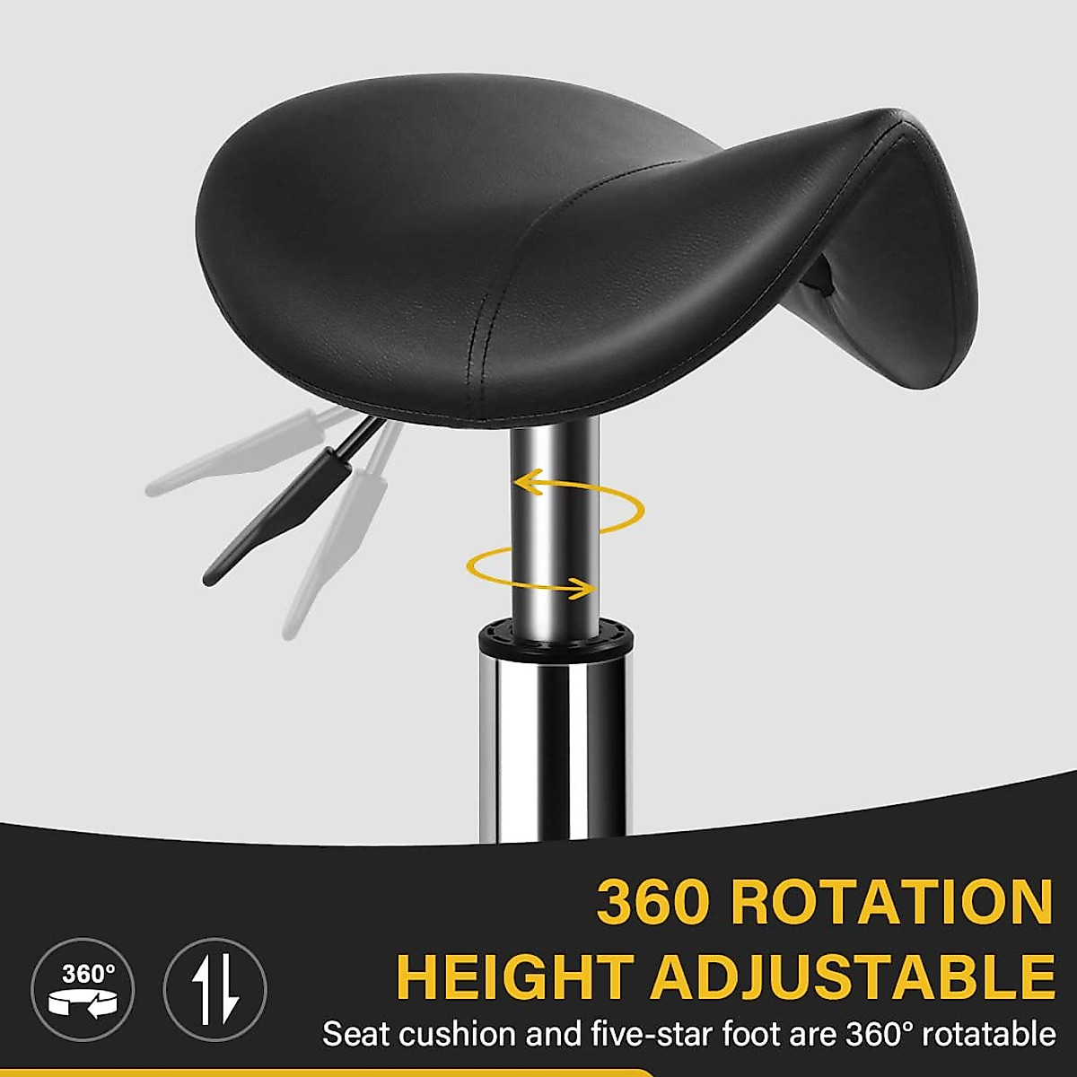 WKWKER Heavy Duty Saddle Rolling Stool with Wheels Hydraulic Swivel Adjustable Rolling Stool Ergonomic Thick Leather Seat Stool Chair for Kitchen Drafting Lab Office Salon Message Stool – Black