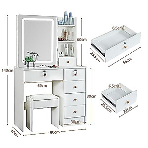 Makeup Vanity with Lights,Vanity Desk Set with LED Lighted Mirror,Makeup Vanity Table with 5 Drawers and Stool,White Vanity Set for Girls Women