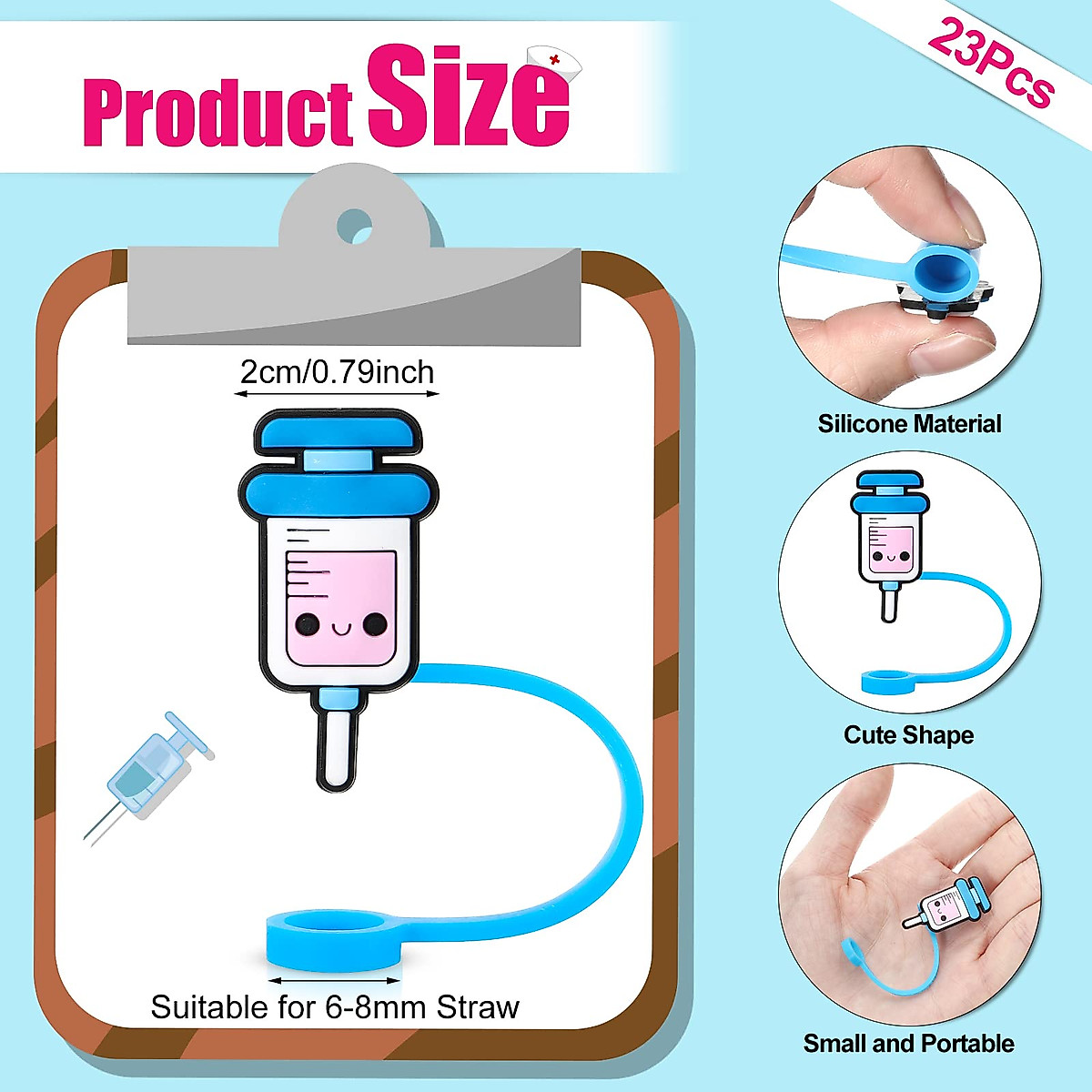 Straw Covers Silicone Kawaii Straw Cover Nurse Theme Straw Caps Reusable Drinking Dust Proof Straw Tip Covers for 6-8 mm (Stylish, 23 Pcs)