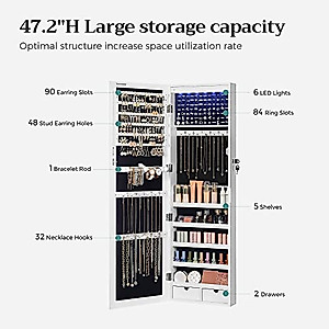 SONGMICS 6 LEDs Mirror Jewelry Cabinet and 12-Slot Watch Box Bundle, Wall Door Mounted Jewelry Armoire Organizer with Mirror and Watch Organizer, White and Black UJJC93W and UJWB012