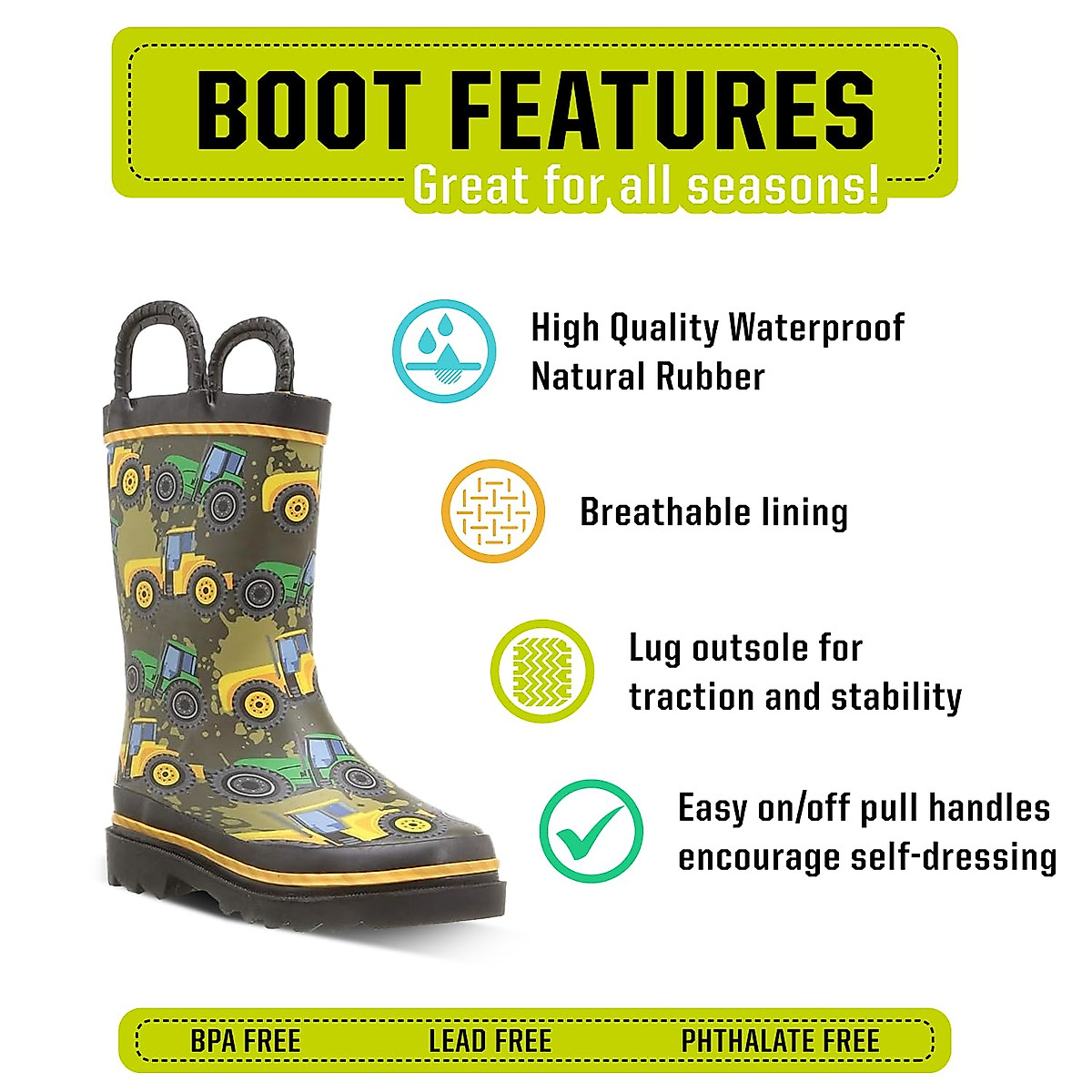 Western Chief Boys Waterproof Printed Rain Boot with Easy Pull on Handles - Tractor Tough, 8 M US Toddler