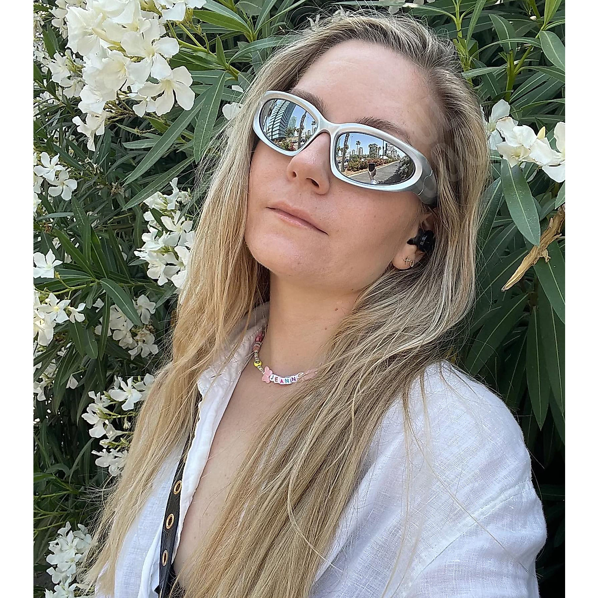 NULOOQ Wrap Around Sunglasses for Women Men Trendy Fashion Y2K Oval Sport Shades Sun Glasses UV400 Protection (Silver Frame/Silver Mirrored Lens)