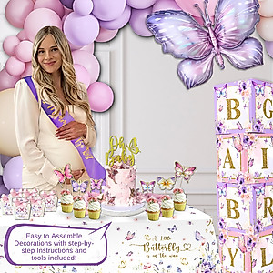 195 Pc Butterfly Baby Shower Decorations for Girl with Pink and Purple Butterfly Balloon Arch Kit, Baby Girl Boxes, Backdrop, Tablecloth, Sash, Cake and Cupcake Toppers, Crown and more