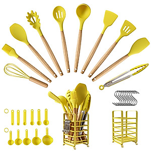 hecef Kitchen Utensils Set, 32 PCS Silicone Cooking Utensils Set with Stainless Steel Holder, 446°F Heat Resistant Food Grade Kitchen Gadgets Tools Set Wooden Handle for Nonstick Cookware (Yellow)