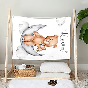 Teddy Bear Sits on Moon Personalized Baby Blanket for Baby Girl Boy, Custom Name Soft Warm Newborn Throw Blanket 30X40 in