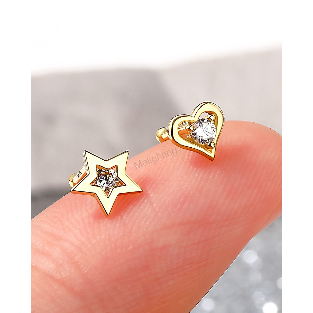 MeIighting 14K Solid Gold Nose Stud 20G Heart Nose Rings Clear Round CZ Nose Piercing Jewelry for Women Men Real Gold