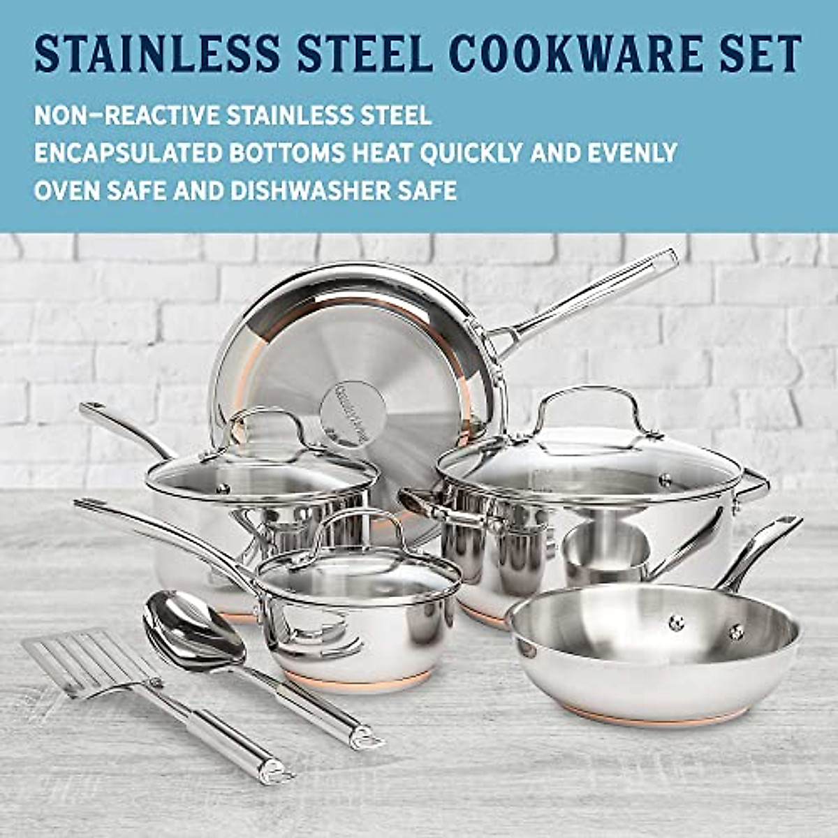 Country Living Stainless Steel with Copper Pots and Pan 10-Piece Set, Built for Superior Performance and Durability, Dishwasher Safe Kitchen Cookware Set