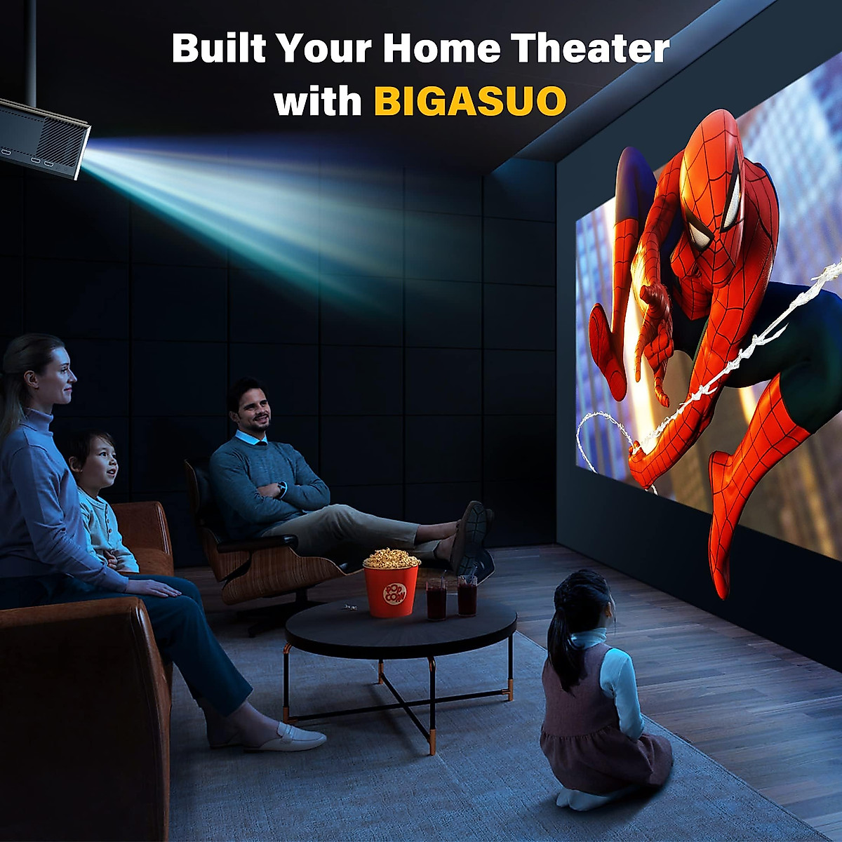 Projector with 5G WiFi and Bluetooth - BIGASUO 540 ANSI Native 1080P Outdoor Movie Projector 4k Support, Home Video Projector Support 200"/Zoom/HiFi, Compatible with HDMI/USB/TV/iOS&Android