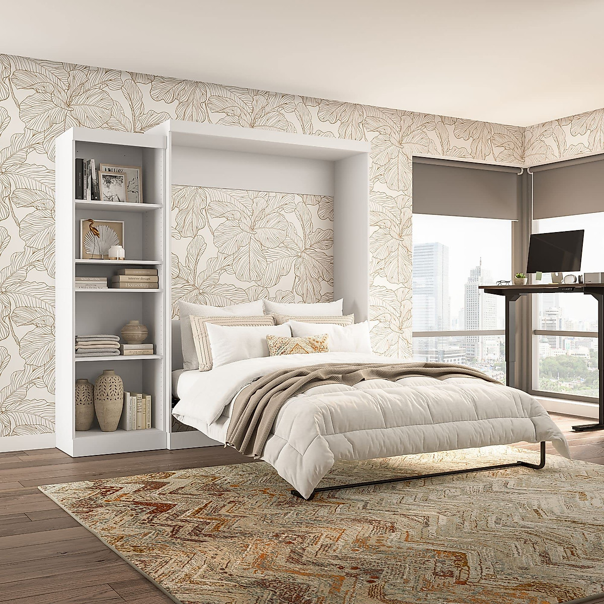 Bestar Pur Queen Murphy Bed with Shelving Unit, 90-inch Space-Saving Sleeping Arrangement for Multipurpose Area, Bedroom, Guest Room, or Living Room