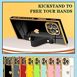 Petitian for iPhone 13 Pro Max Square Case with Loopy Stand/Strap, Luxury Cute Women Girls Heart Electroplated Designer Squared Edge Phone Cases for 13 Pro Max Black