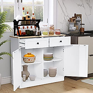 okcomuy Tilt Out Trash Bin Cabinet Free Standing Recycling Cabinet with Drawers, Dog Proof Trash Can Holder 20 Gallon Kitchen Wooden Trash Can with Storage