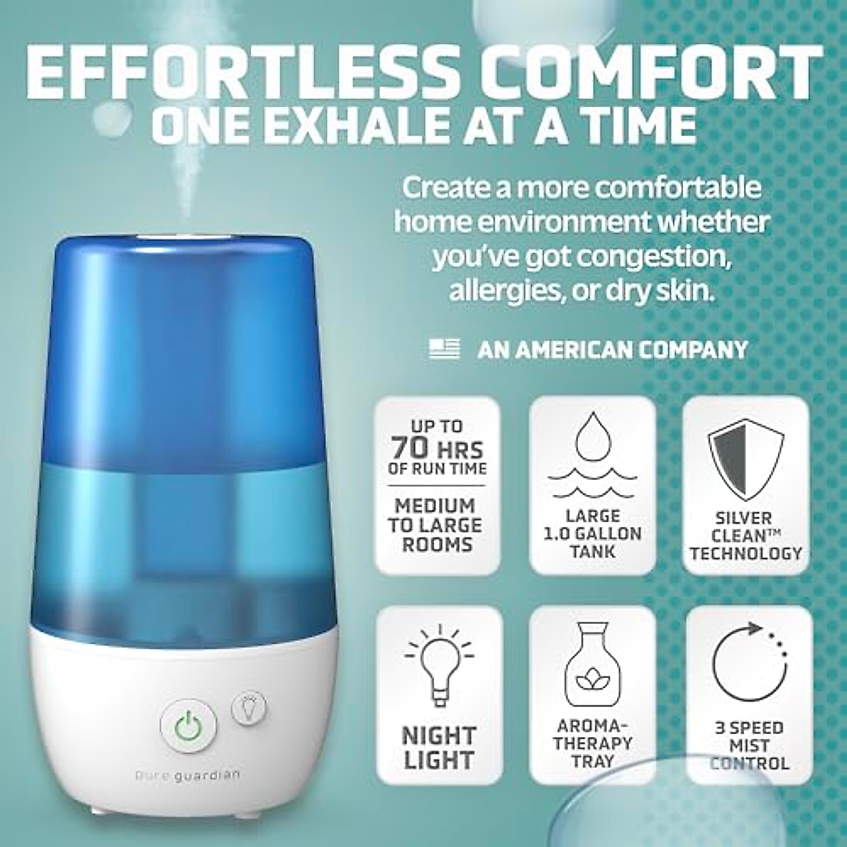 PureGuardian H965AR Ultrasonic Cool Mist Humidifier, 70 Hrs. Run Time, 1 Gal. Tank Capacity, 320 Sq. Ft. Coverage, Small Rooms, Filter Free, Silver Clean Treated Tank, Includes Essential Oil Tray