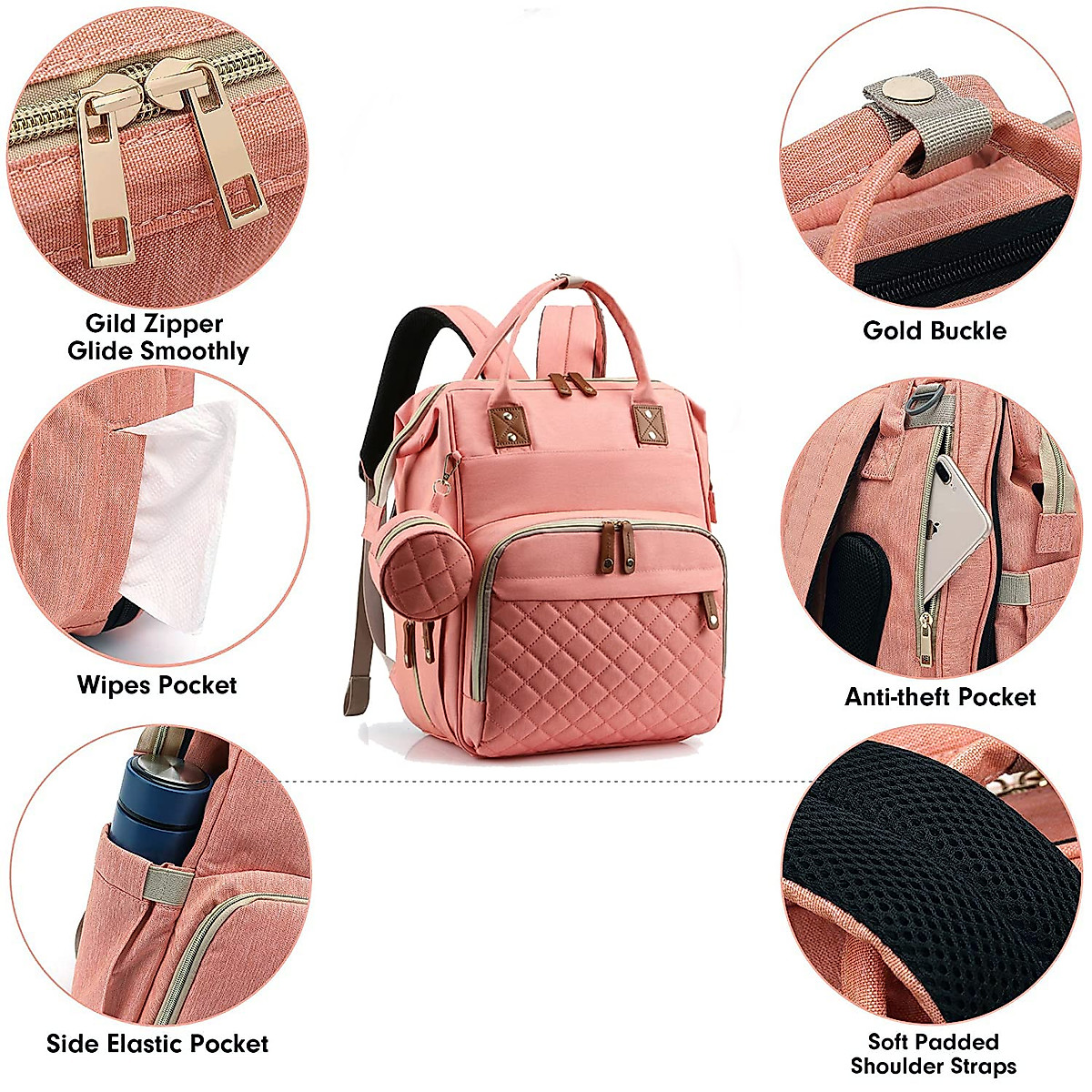 Axone 3 in 1 Baby Diaper Bag Backpack Unisex Travel Nappy for Boys & Girls Waterproof Stroller Straps Large Capacity Pink