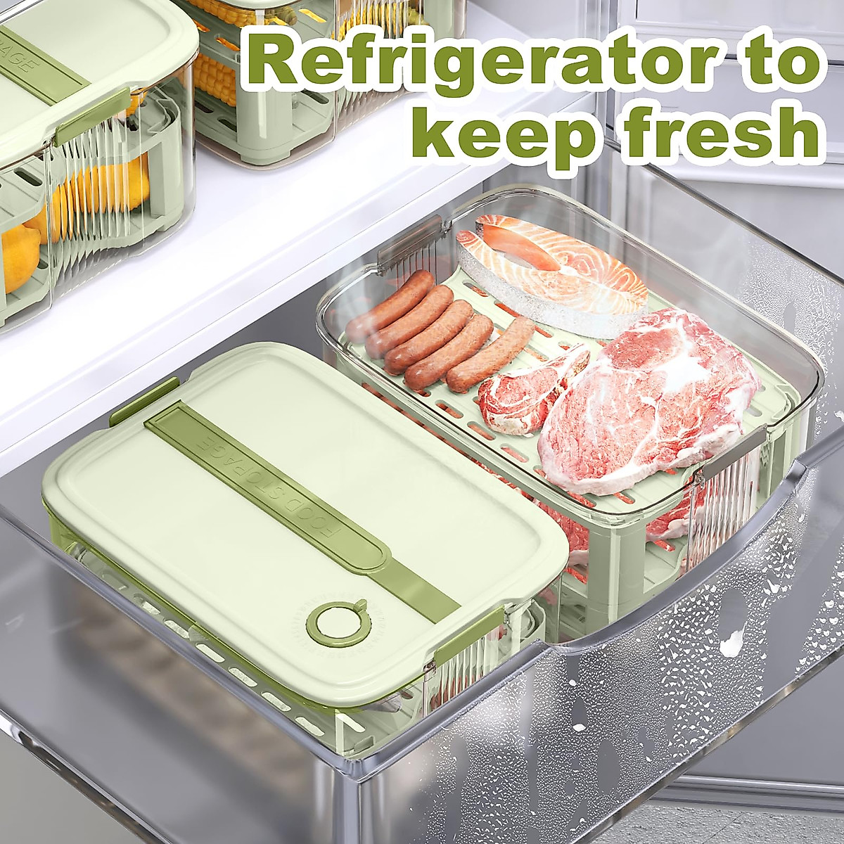 Food Storage Container for Fridge,4-Layer Lunch Meat Container for Refrigerator, Plastic Food Containers with Drain Plate and Lid, Food Storage Boxes with Lid for Fruits, Vegetables, Meat (Green)