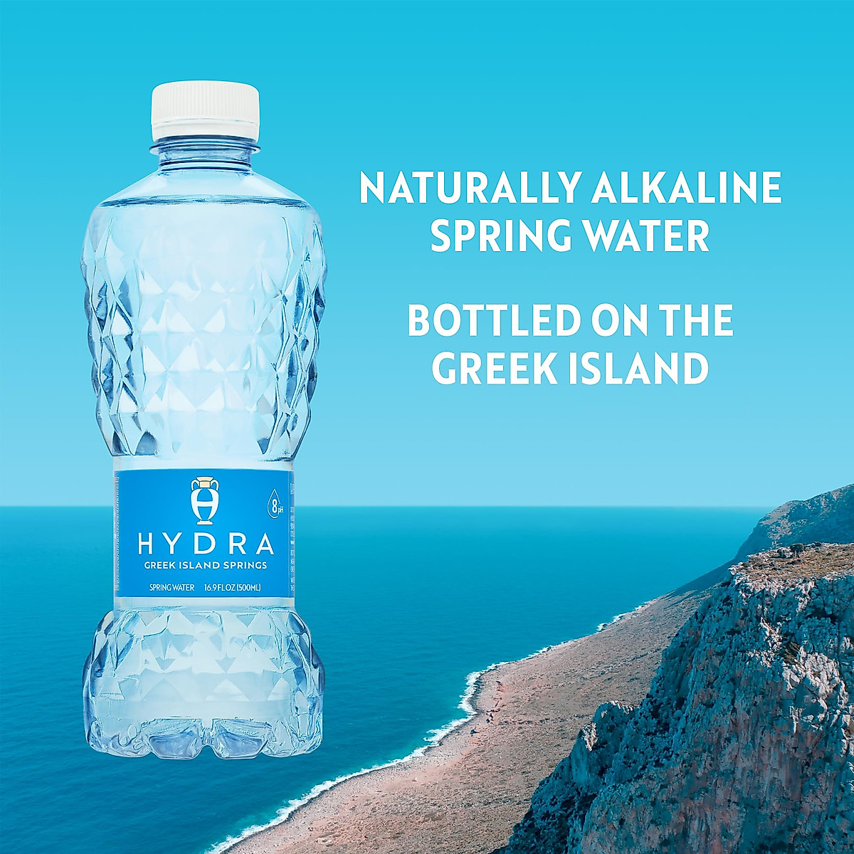 HYDRA Greek Island Spring Water - Naturally Alkaline Bottled Water, 8.0pH Level, BPA-Free, Case of 12 x 16.9-Ounce Bottles