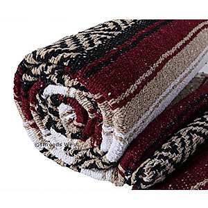 Genuine Mexican Handwoven Blanket, Premium Large Heavyweight Falsa Blanket, Serape & Yoga Blanket | Beach Blanket | Throw Blanket | Picnic Blanket (Large Heavy, Burgandy and Beige)
