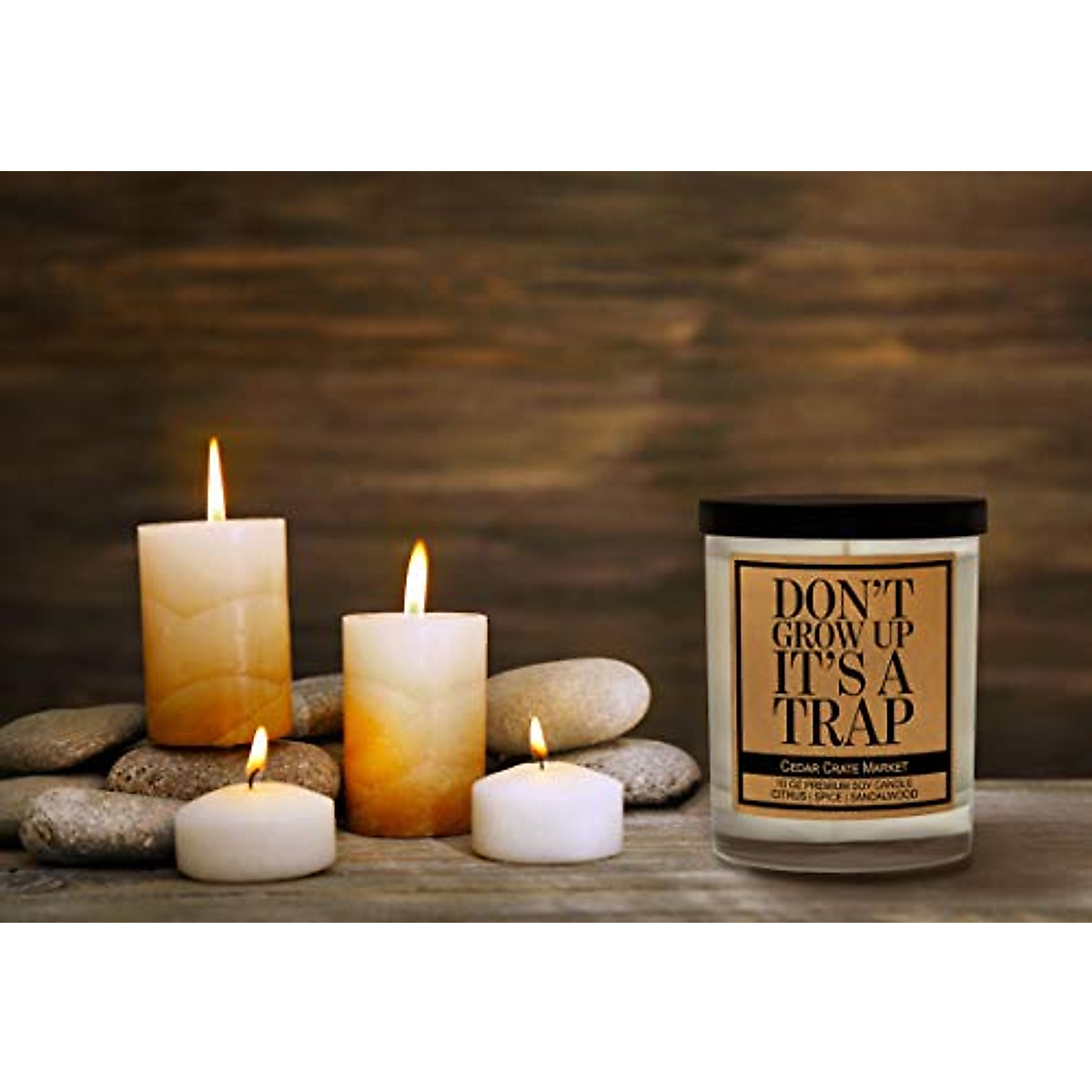 Don't Grow Up It's A Trap, Kraft Label Scented Soy Candle, Citrus, Spice, Sandalwood, 10 Oz. Glass Jar Candle, Made in The USA, Decorative Candles, Funny and Sassy Gifts