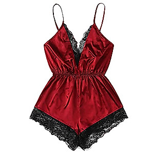 wodceeke Sexy Lace Silk Pajama Lingerie For Women For Sex Naughty Play Plus Size Teddy Babydoll Bodysuit Nightgown (Red, XXL)