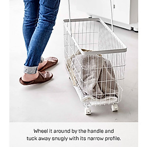 Yamazaki Home Tower Small Rolling Laundry Basket Metal Hamper Cart With Wheels And Handle, 14.8" - Steel - 9.8 Gallons, 35 Liters