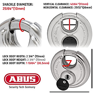 ABUS Diskus 20/70 Heavy Duty Stainless Steel Disk Padlock - Rustproof Circle Storage Lock with 3/8" Shackle - Made in Germany - Keyed Different