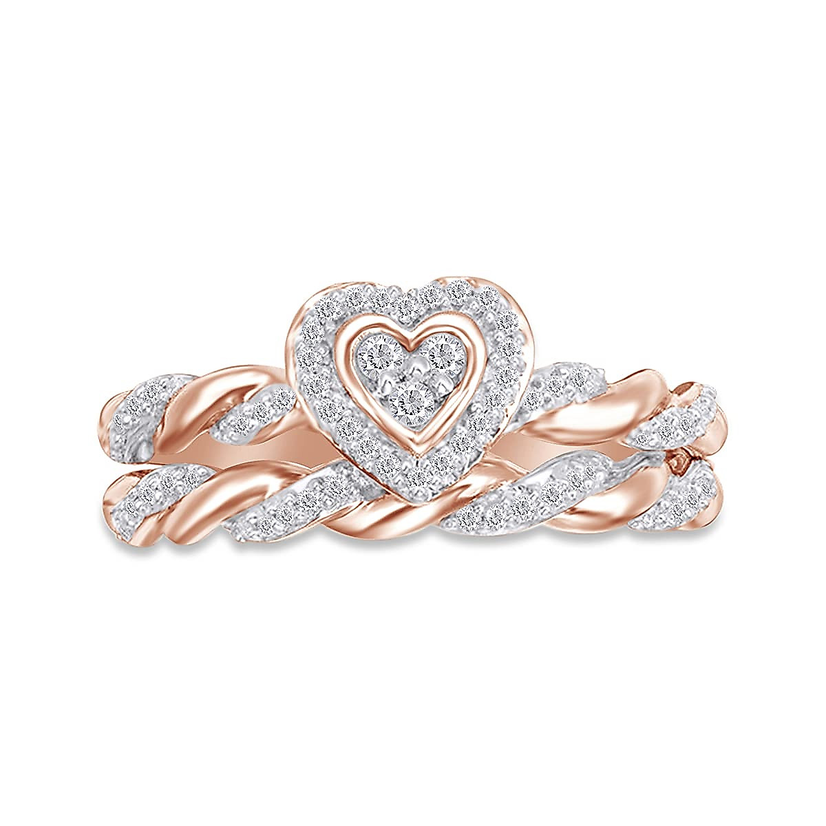 Wishrocks 1/5 Carat Round Cut White Natural Diamond Heart Shape Frame Twist Bridal Ring Set in 14k Rose Gold Over Sterling Silver (0.20 Cttw, Color- I-J, Clarity- I2) Ring Size- 8.5