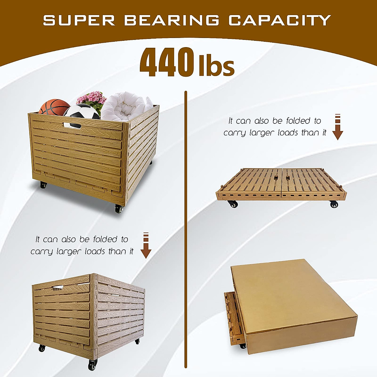 Collapsible Rolling Crate on Wheels, 440lbs Capacity Foldable Storage Bins Heavy Duty Plastic Furniture Moving Dolly Cart for Travel Shopping Luggage Office Use with Removable 360° Rotation Wheels