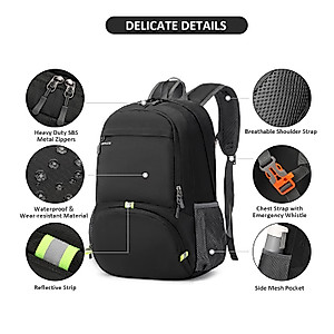 MRPLUM 30L Rucksack Foldable Ultralight Packable Backpack, Unisex Durable Handy Daypack for Travel & Outdoor Sports Durable & Waterproof (Black)