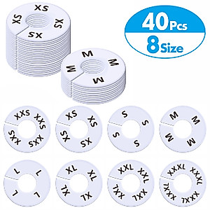 40 Pack Round White Plastic Clothing Size Closet Rack Dividers Hangers, Preprinted in 8 Sizes XXS, XS, S, M, L, XL, XXL, XXXL (Outer 3.5”, Inner Diameter 1.38”)
