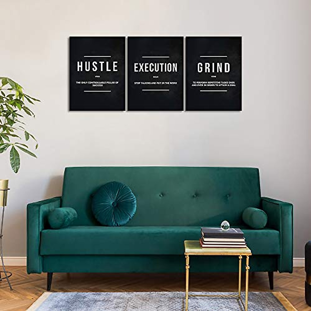 Motivational Posters Inspirational Wall Art Motivation Canvas Paintings Wooden Framed Hustle Wall Decor Black 3 Pieces Office Wall Art for Living Room Bedroom Home Decor Easy to Hang(36”Wx16”H)