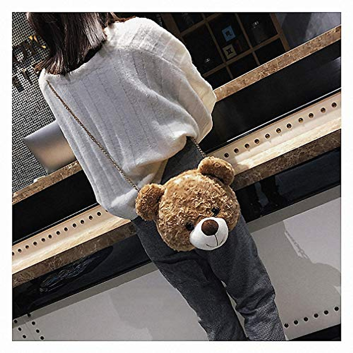 Shoulder Bag Cartoon Faux Fur Teddy Bear Head Handbag for Girl Kid Women Cute Toy Bag Lovely Crossbody Plush Purse Light Brown