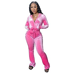 Womens 2 Piece Velour Hoodie Jogger Tracksuit Two Piece Outfits for Women, Long Sleeve Full-Zip Up Velvet Crop Tops Jacket Flared Pants Fall Lounge Matching Sets Sportswear Jogging Sweatsuit Pockets