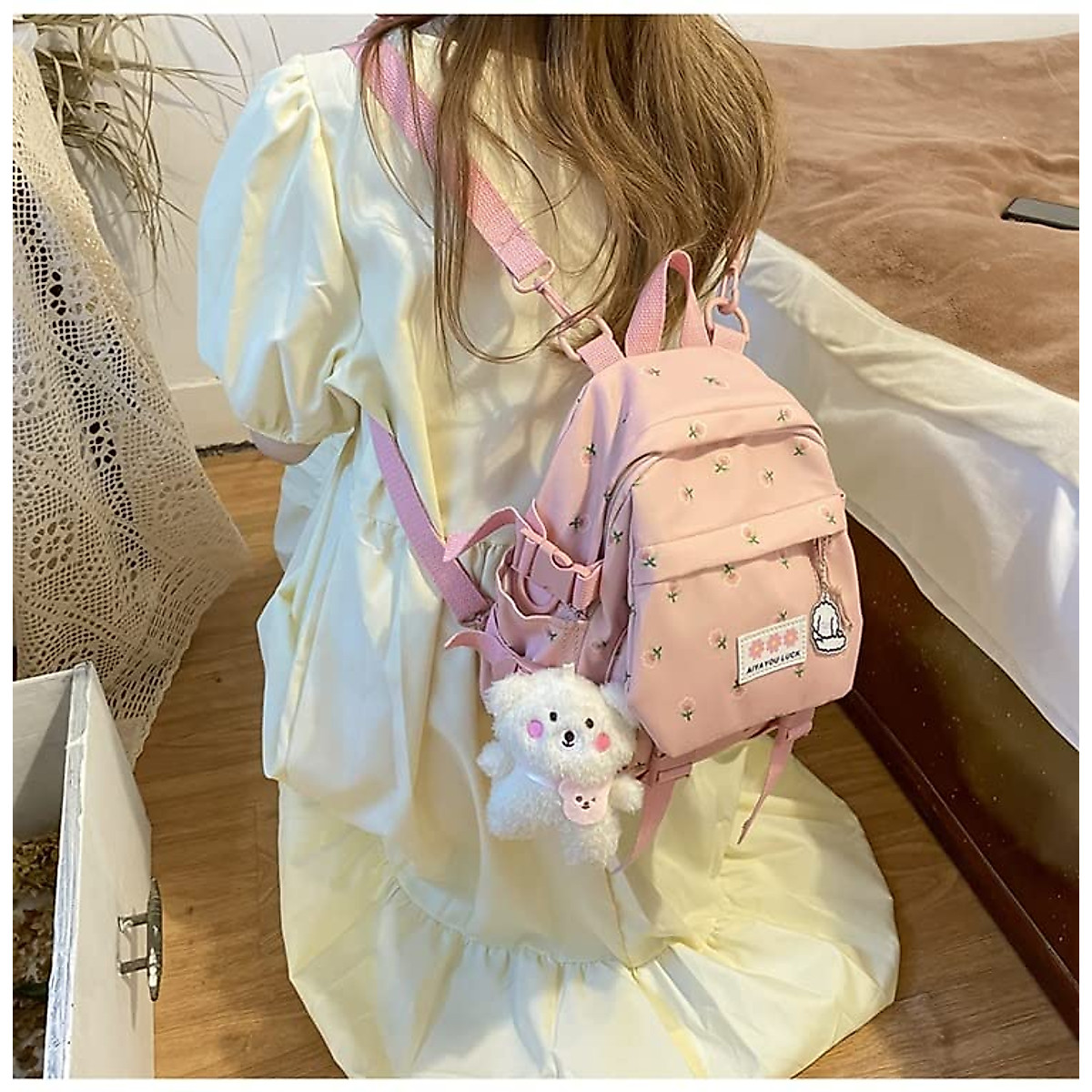 kakarin choyx Aesthetic Backpack 10.6 Inch Kawaii Backpack With Pendant Mini Backpack Cute Backpack Japanese Bag Flowers Backpack (Pink)