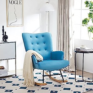 Kosydown Basic Blue Rocking Chair, Velvet Rocking Chair Nursery, Upholstered Comfy Armchair with High Backrest for Living Room Bedroom Offices, Solid Wood Legs Reading Chair