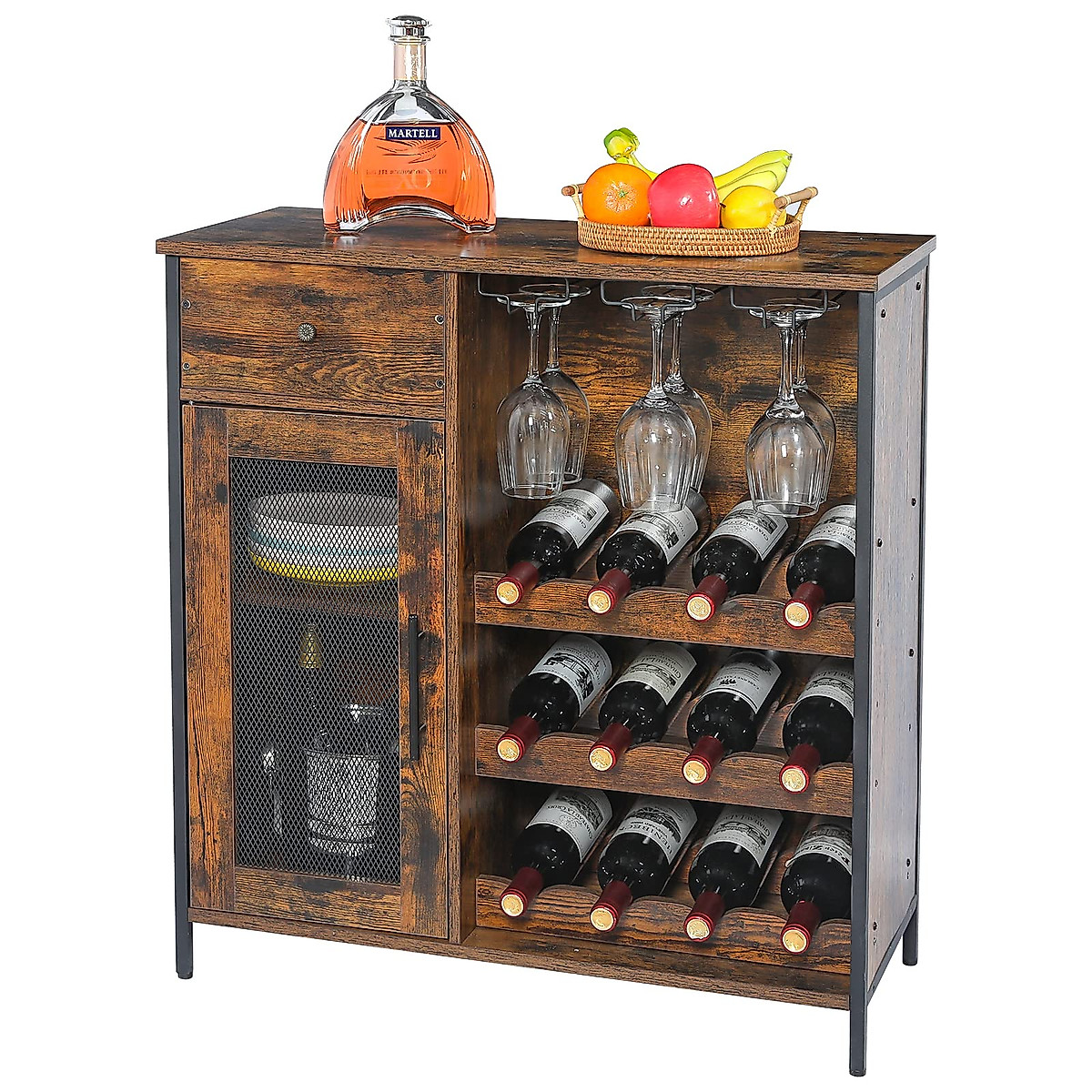 3-Tier Wine Bar Cabinet with Detachable Wine Rack and Drawer, Industrial Sideboard and Buffet Cabinet with Glass Holder, Coffee Bar Cabinet with mesh Door for Home & Kitchen, Rustic Brown