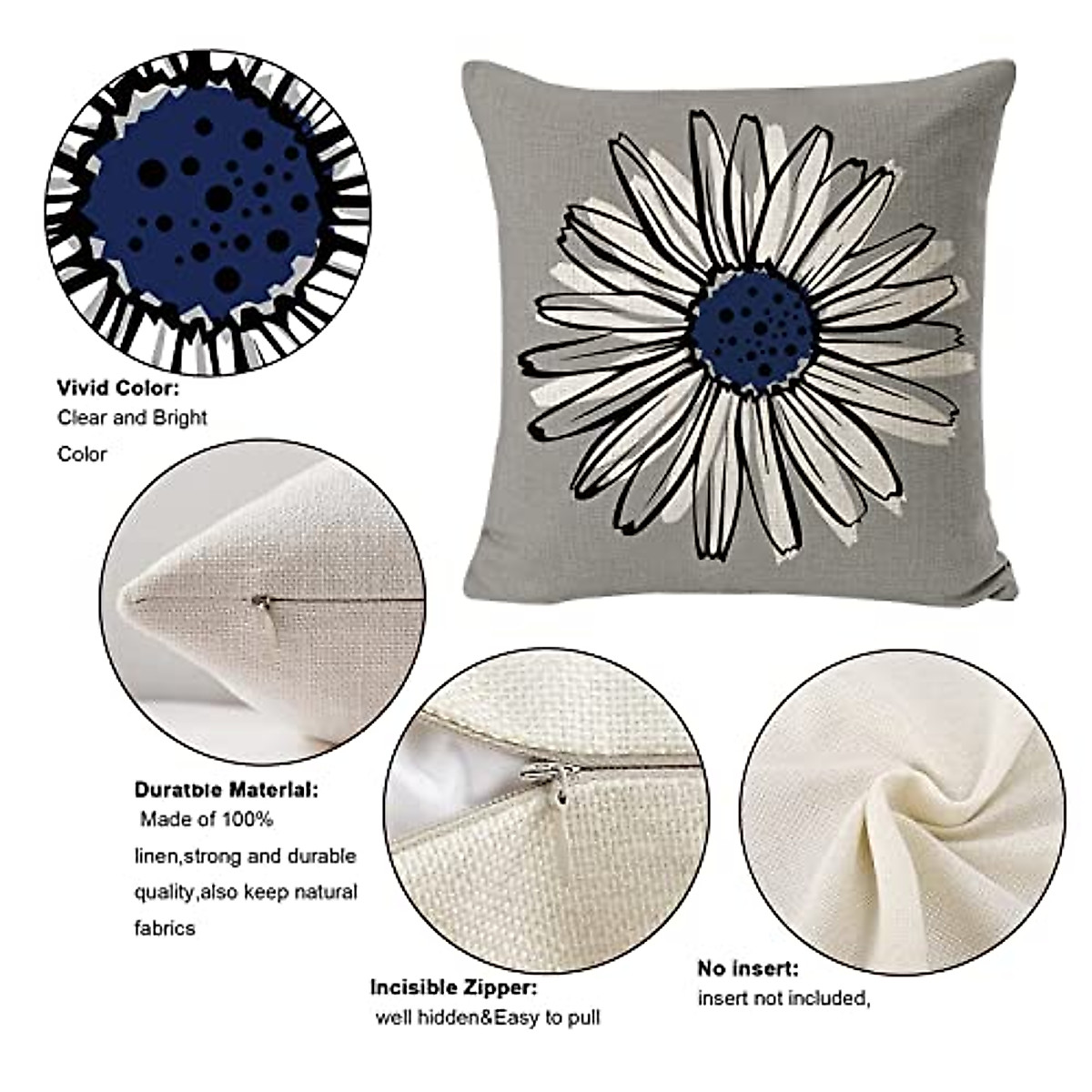 Set of 4 Decorative Throw Pillow Covers 18x18 Blue and Grey Modern Daisy Floral Pillow Covers for Living Room Farmhouse,Modern Simple Boho Cushion Bed Outdoor Home Decor