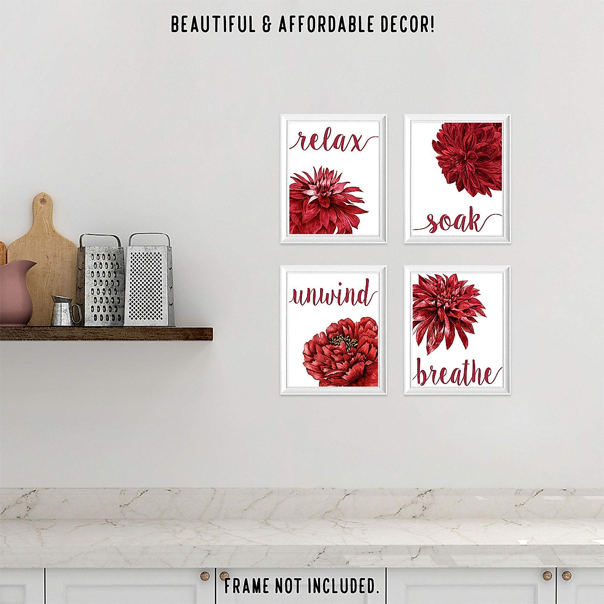 Relax Soak Unwind Breathe Red Blend Bathroom Flower Prints, 4 (8x10) Unframed Photos, Wall Art Decor Gifts Under 20 for Home Office Salon College Student Teacher Friends Garden Floral Yoga Fan
