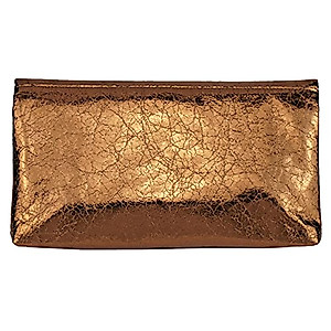 JNB Women's Cracked Metallic Fabric Foldover Clutch with Tassel, Bronze
