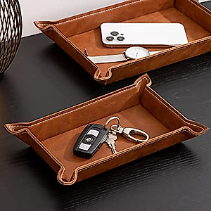 Navaris Faux Leather Tray Set - 2 Valet Organizer Trays for Bedside Table Desk with Dividers- Store Keys, Change, Wallet, Phone, Glasses - Brown