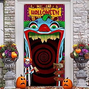 Creepy Clown Halloween Decoration Door Cover Scary Carnival Halloween Clown Door Banner Evil Circus Entrance Theme Door Cover for Halloween Party Front Door Decoration Supplies, 70.9 x 35.4 Inch