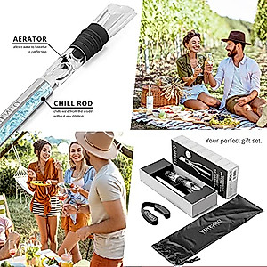 Wine Chiller Set + Foil Cutter, Stopper, Pouch, Ebook - Premium 3-in-1 Stainless Steel Bottle Cooler Stick Chill Rod, Decanting Aerator & Drip-Free Pourer | Design Bar Tasting Accessory Gift Men Women