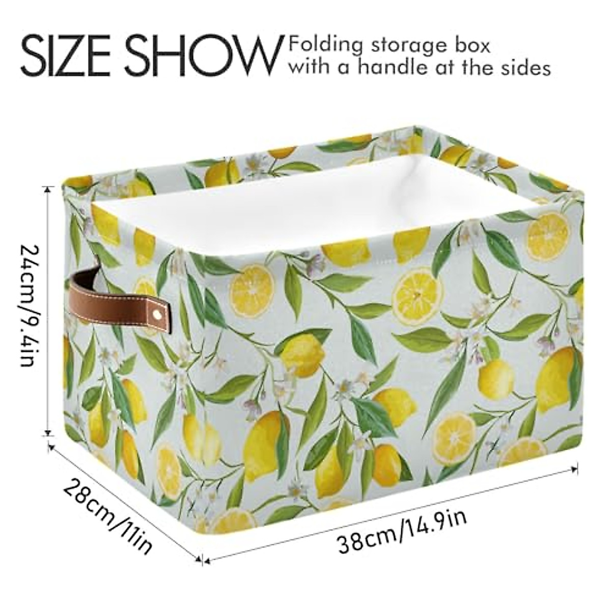 MNSRUU Storage Basket Lemon Floral Collapsible Organizer Basket with PU Handles, Waterproof Nursery Laundry Basket Kids' Toy Storage Basket,2 Pack