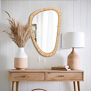 Barnyard Designs Rattan Bathroom Mirror – Rustic Farmhouse Style Handmade Wicker Rattan Frame - Boho Mirror for Nursery Wall Décor (20" x 30", Asymmetrical)