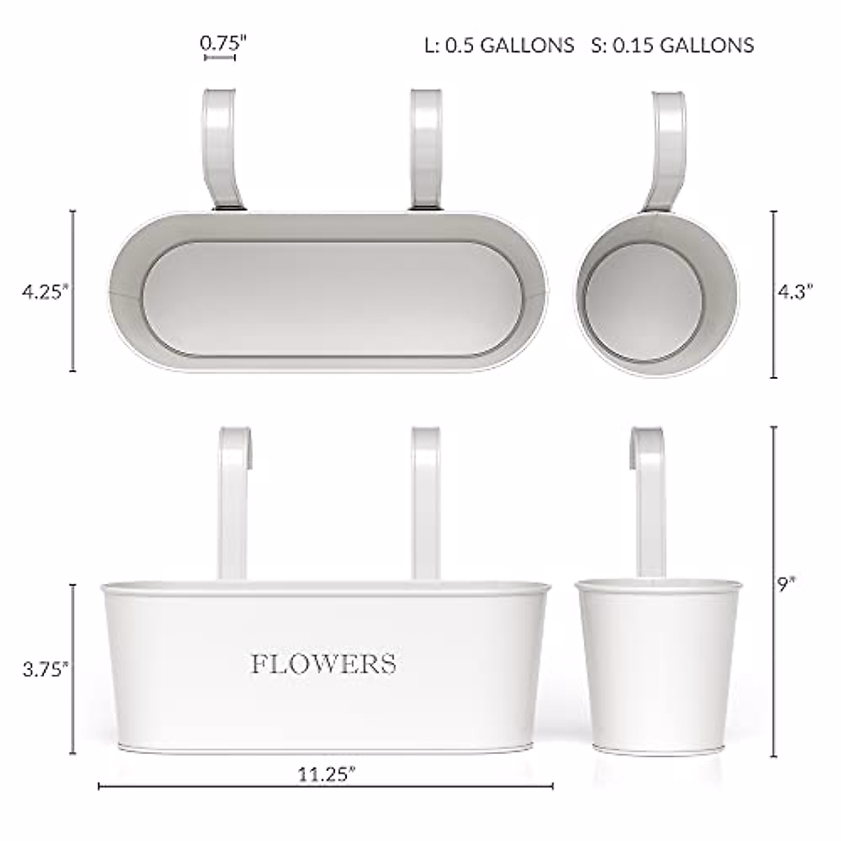 Barnyard Designs Metal Wall Planter, Indoor Outdoor Hanging Plant Pot Decor, Rustic Herb Flower Plant Holder, White, Large: 11.25" x 4.25” x 3.75”, Small: 4.30” x 4”, Set of 3