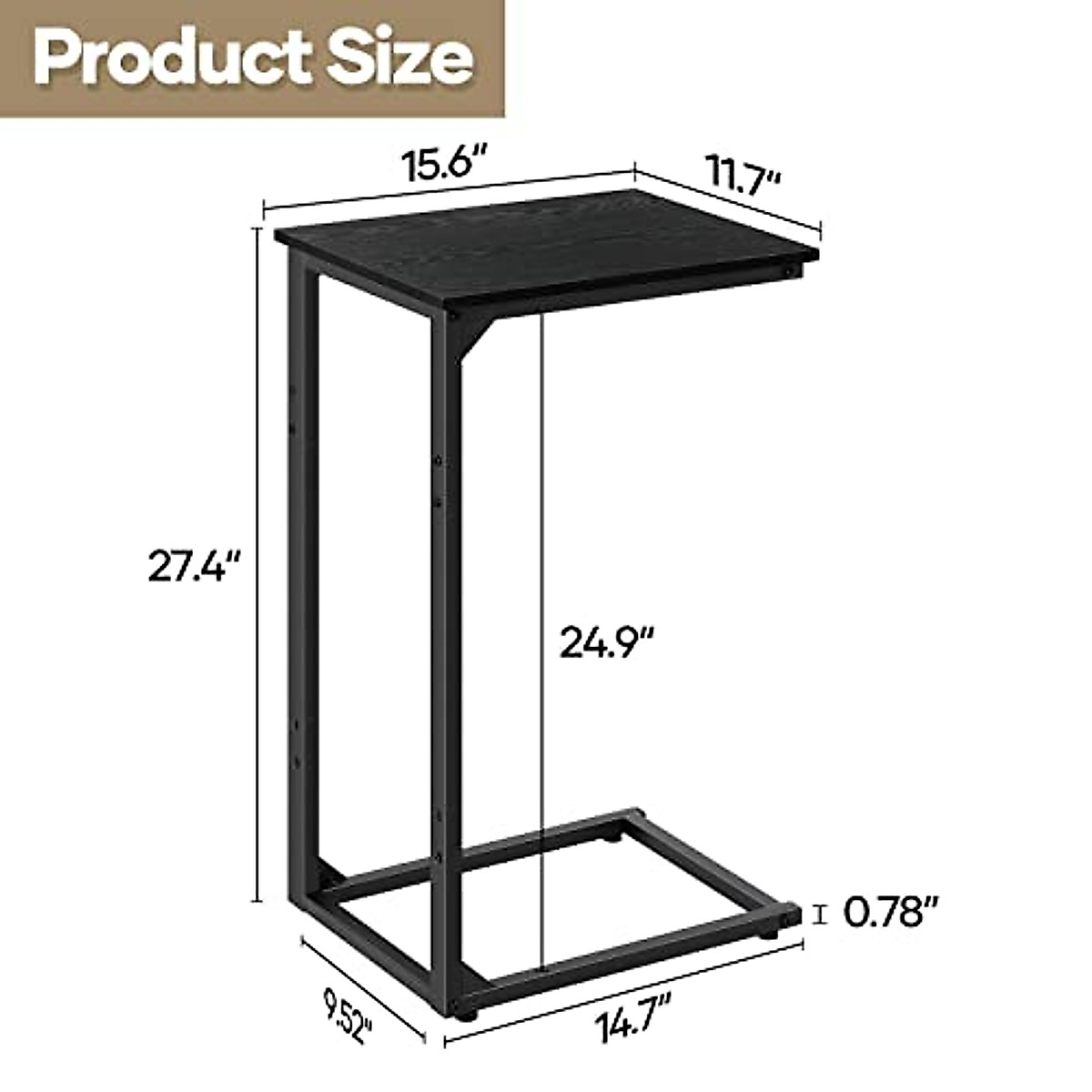 Nandae C Shaped End Table, Rustic Tray Side Table Bedside Table with Metal Frame for Laptop, Snack, Sofa Couch, Bed Living Room Bedroom, Black