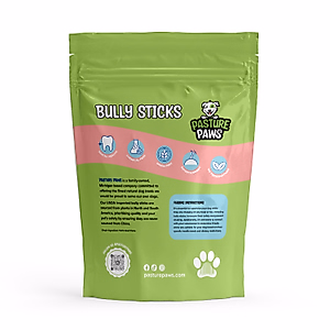 Pasture Paws Bully Sticks for Dogs | Long-Lasting All Natural Dog Chew Sticks | Fully Digestible Low Odor Bully Sticks | Dental Health Support Dog Treats Sticks | 6-inch | 5 Count Pack