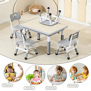 Kids Table and Chairs, Height-Adjustable Toddler Table and Chair Set with 31.5''Lx23.6''W Graffiti Desktop, Table Chair for Ages 3-8, Childrens Table and Chair Set for Daycare with 4 Chairs, Grey