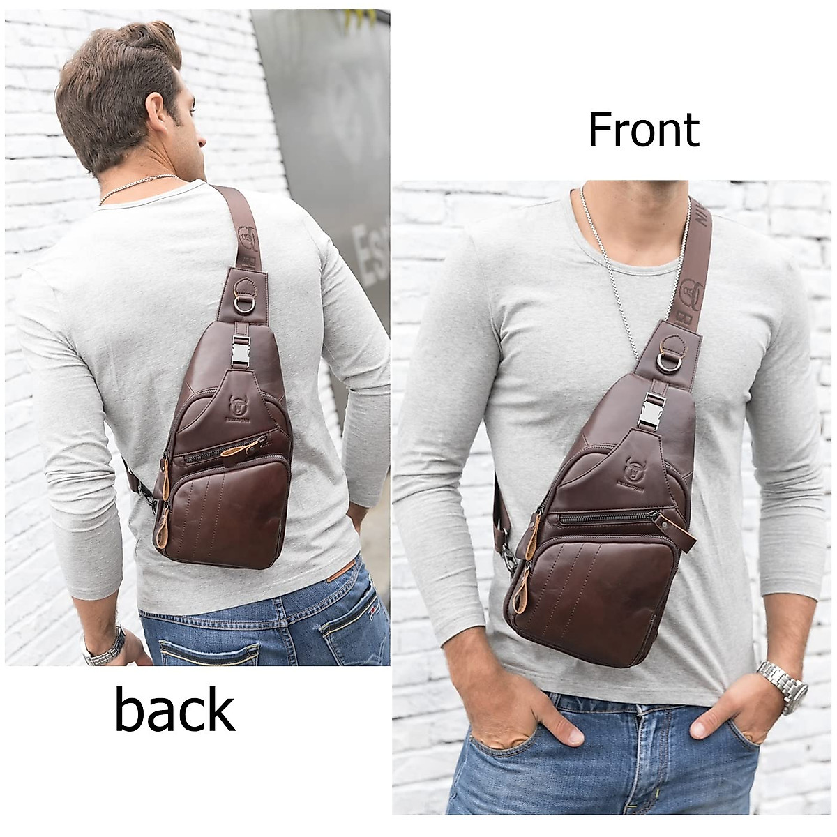 BULLCAPTAIN Men Genuine Leather Sling Bag Backpack Multi-pocket Chest Bag Outdoor Hiking Travel Daypack (Coffee)
